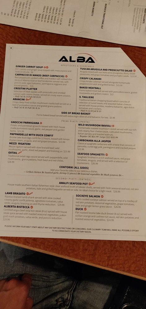 Menu at ALBA Restaurant, Jasper