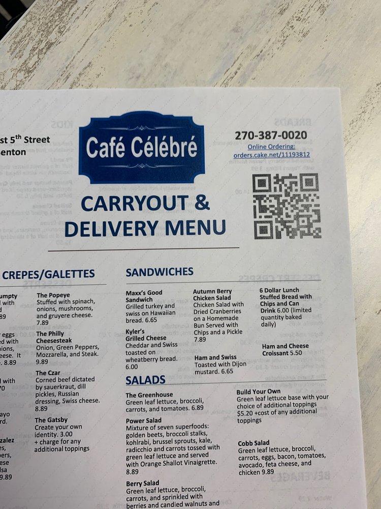 Menu at Café Célébré cafe, Benton