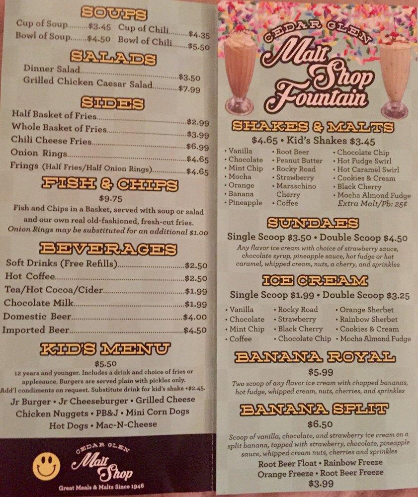 Menu at Cedar Glen Malt Shop restaurant, Lake Arrowhead
