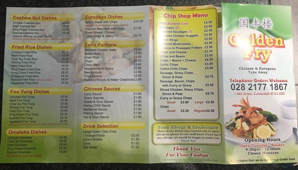 Menu at Golden Fry fast food, Cushendall, 7 Mill St