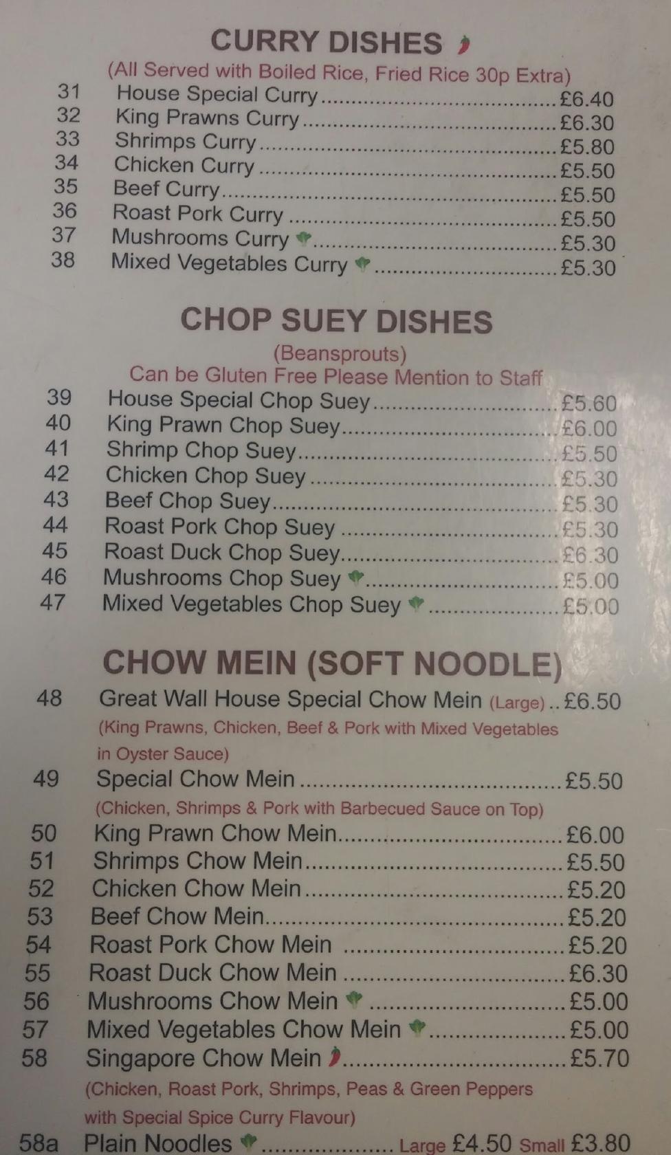 Menu at Great Wall Clevedon Chinese Take Away restaurant, Clevedon