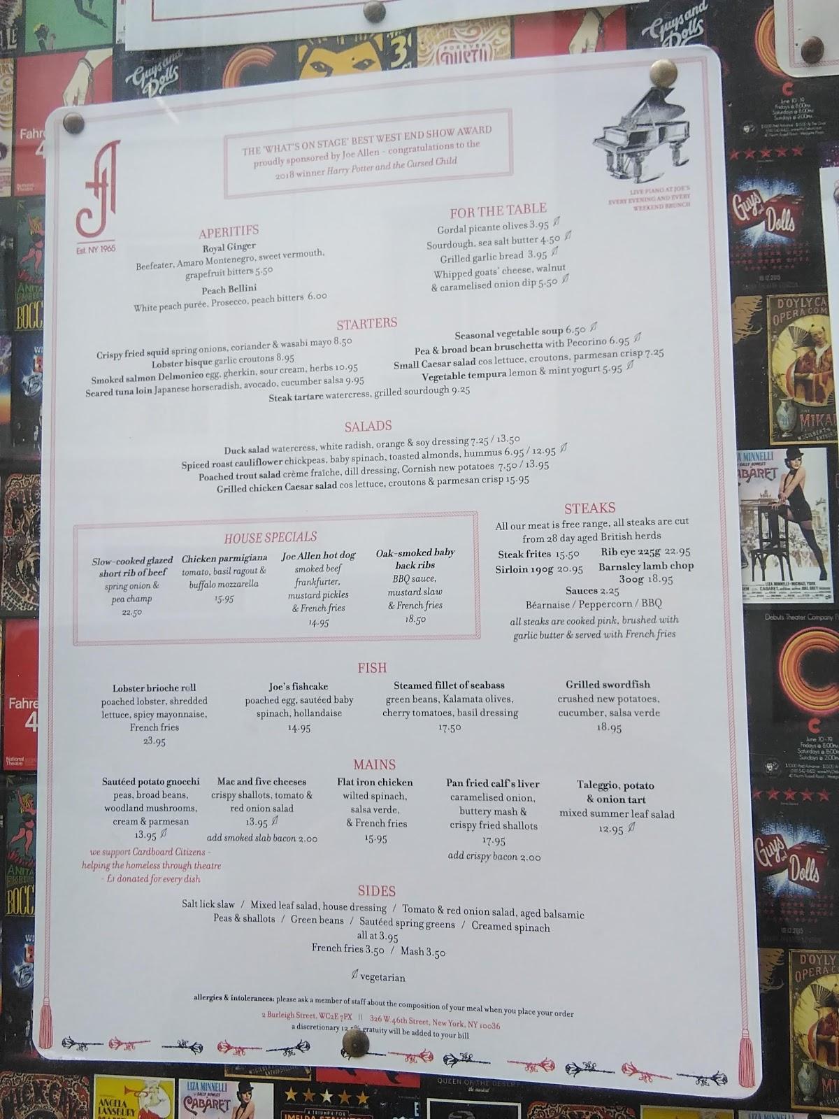 Menu at Joe Allen pub & bar, London