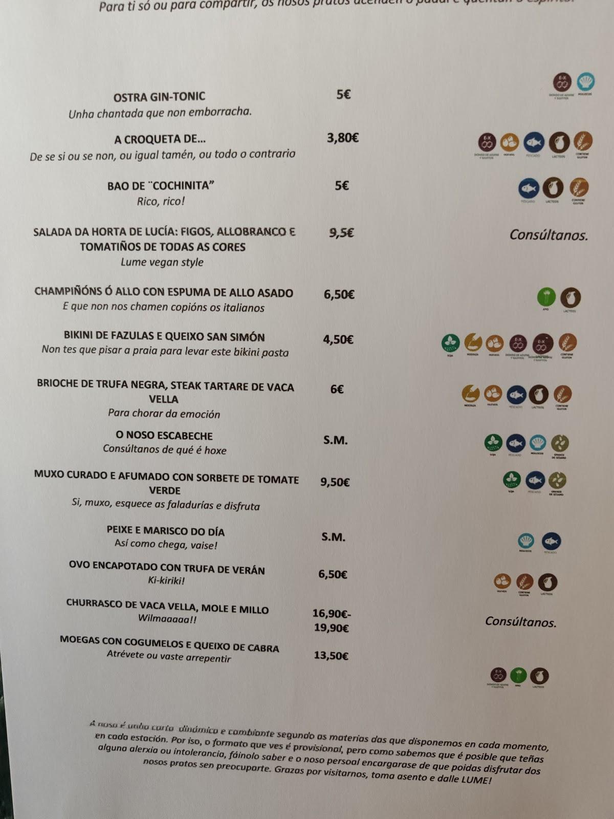 Carta del restaurante Lume, Santiago del Compostela