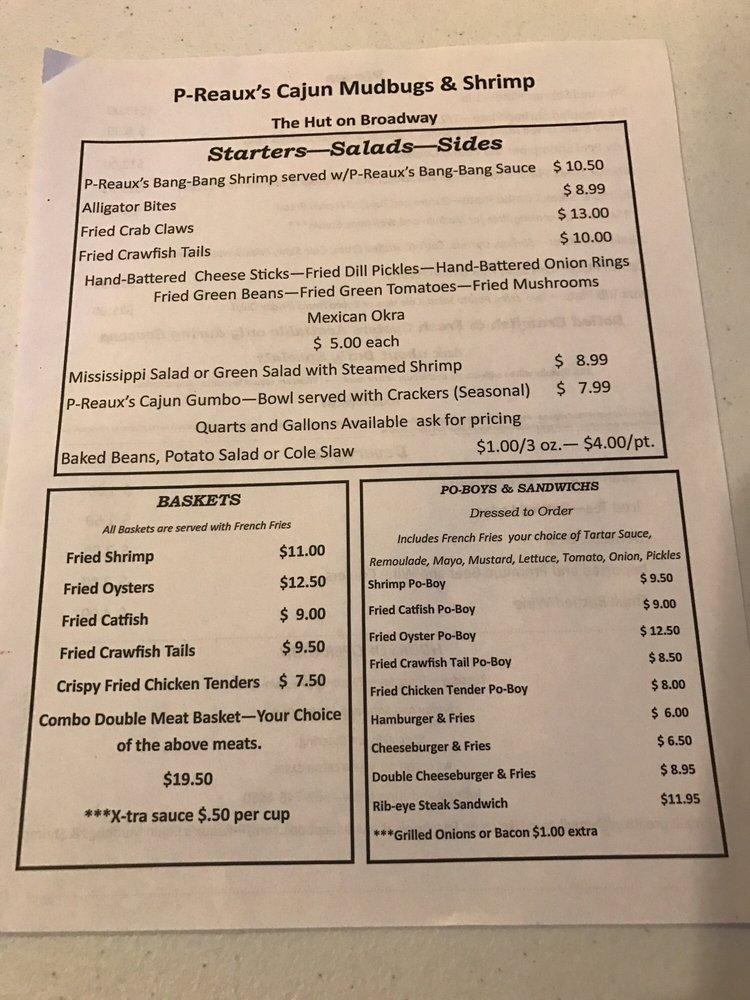 Menu at P-Reaux's Cajun Mudbugs restaurant, Yazoo City