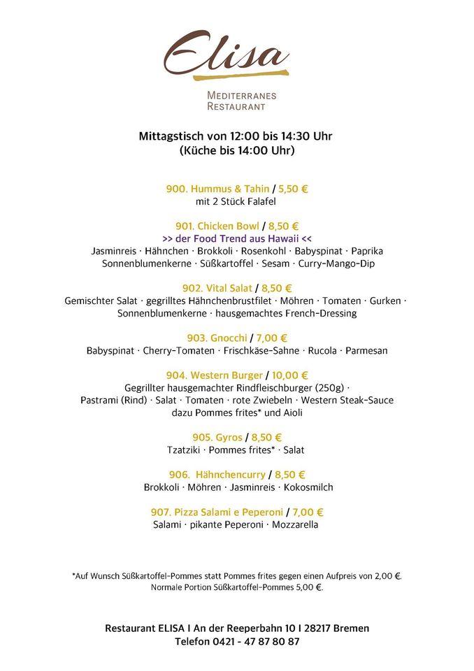 Menu at Restaurant ELISA, Bremen