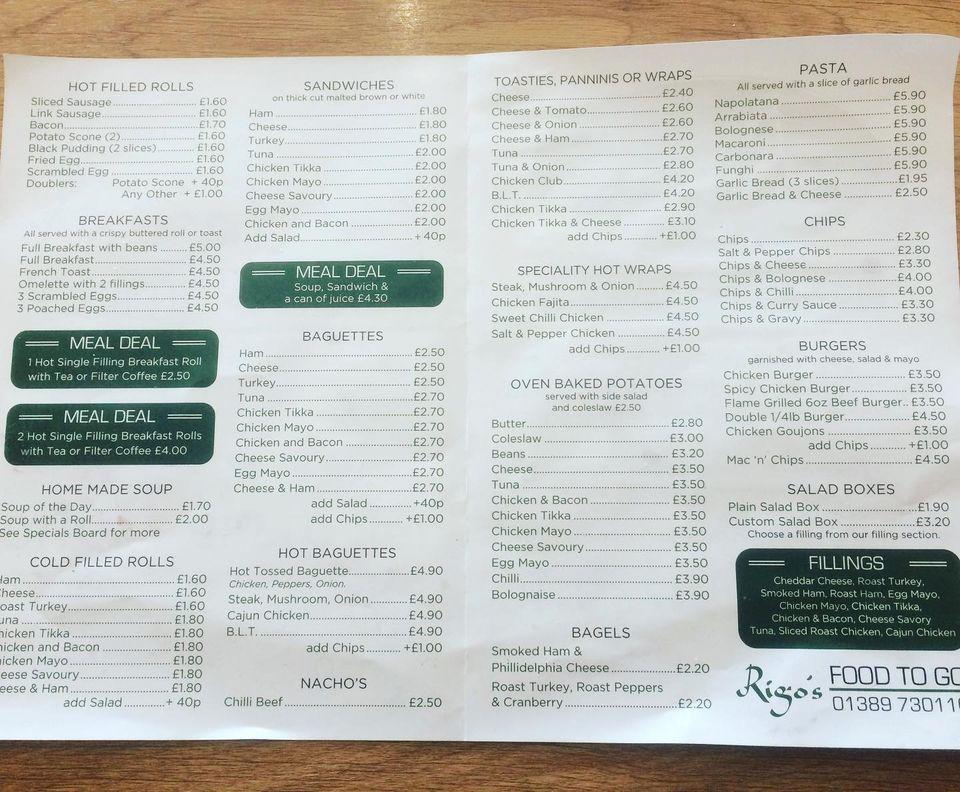 Menu at Rigo's Bistro cafe, Dumbarton