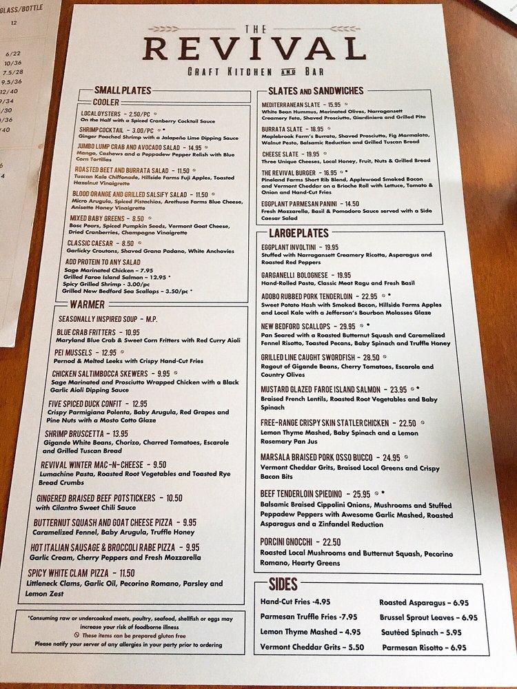 Carta de The Revival Craft Kitchen and Bar, Warren