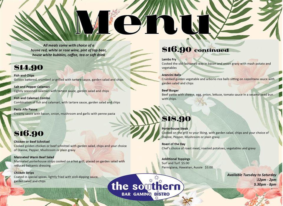 Menu at The Southern Bar Gaming Bistro, Saint Marys