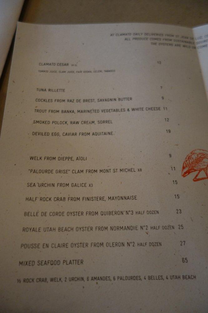 Menu at Clamato restaurant, Paris