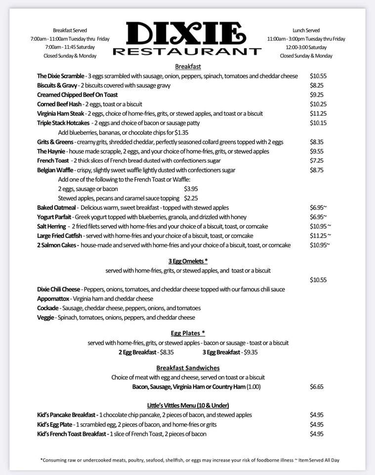 Menu at Dixie Restaurant, Petersburg