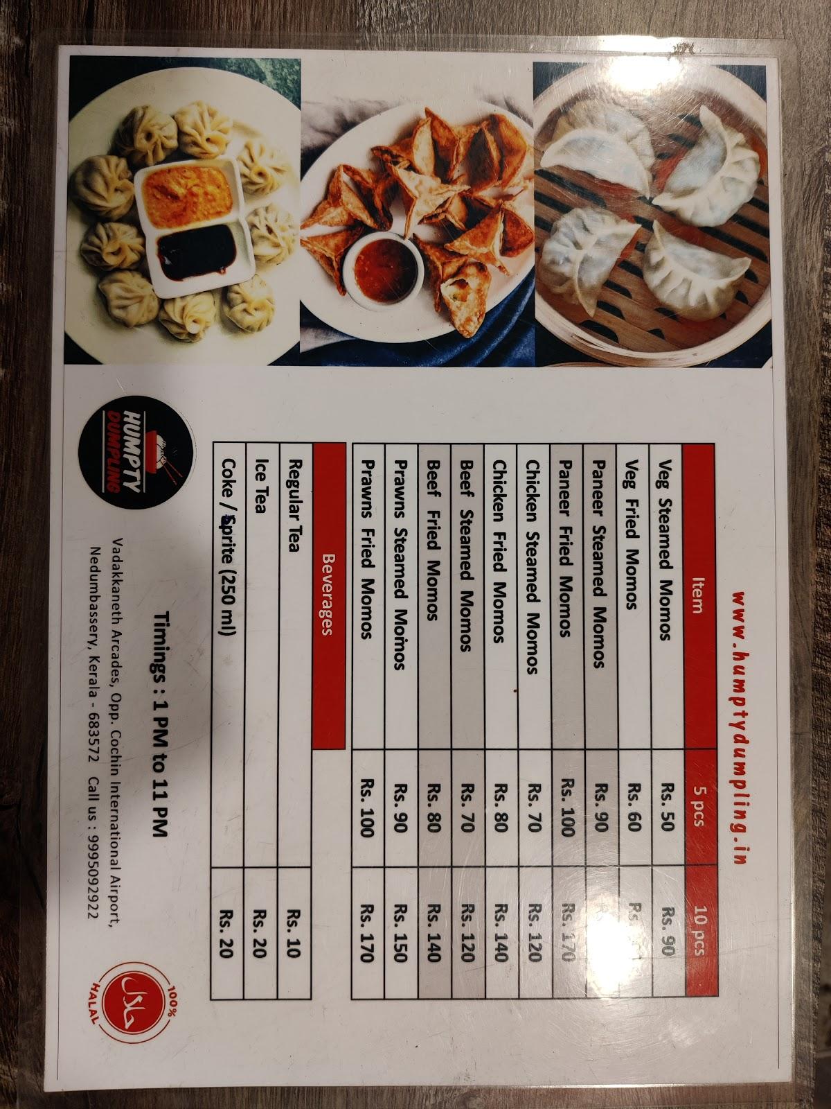 Menu at Humpty Dumpling, Angamaly