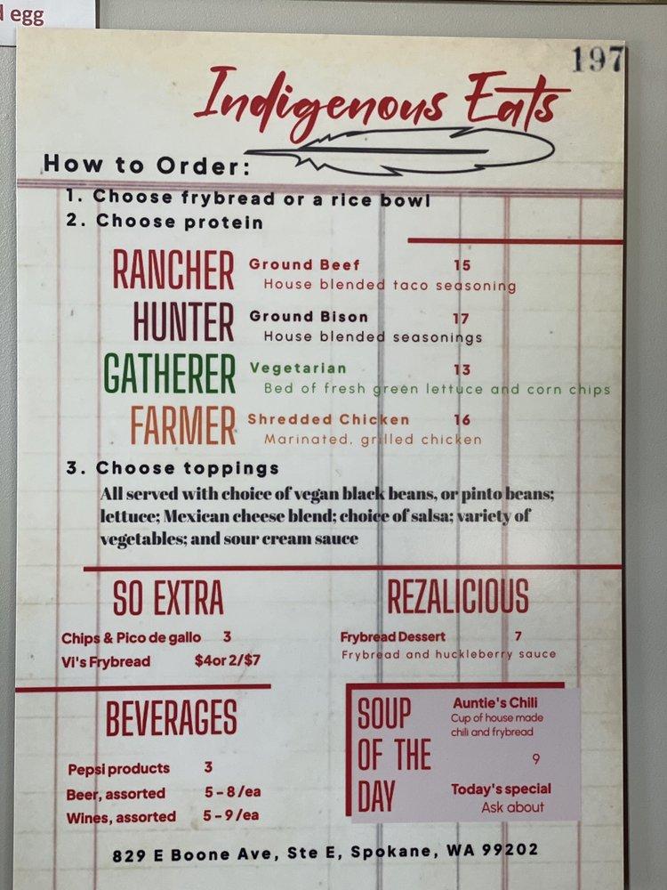 Menu at Indigenous Eats restaurant, Spokane, 829 E Boone Ave Suite E