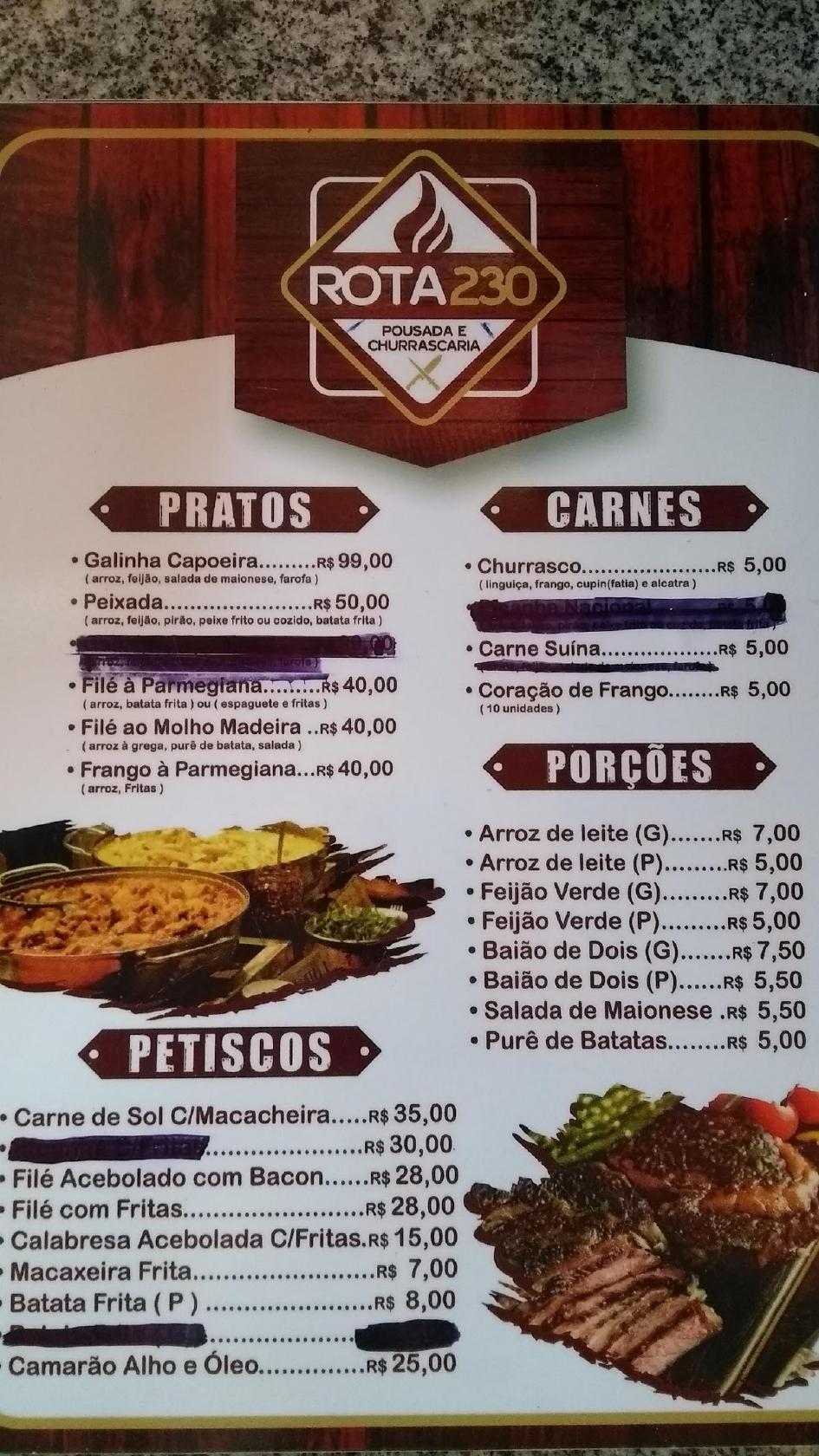Menu at Pousada e Churrascaria Rota 230, Brazil