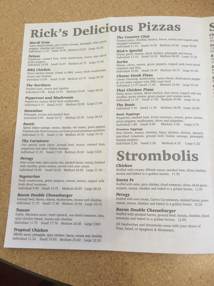 Menu at Rick's Restaurant & Bar, Shilo