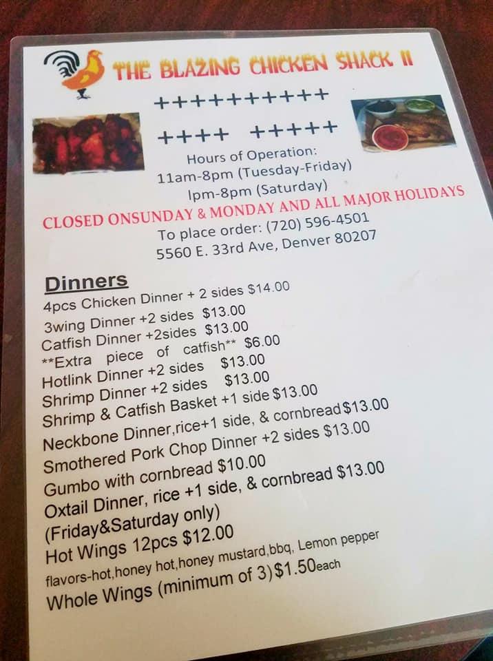Carta del restaurante The Blazing Chicken Shack II, Denver