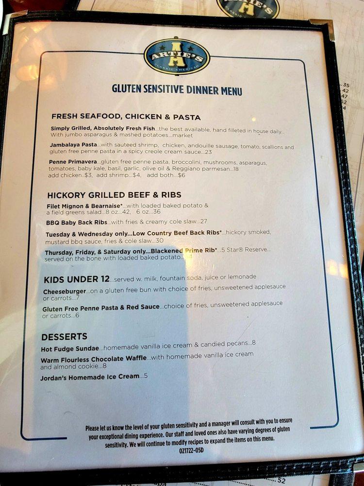 Menu at Artie's steakhouse, Fairfax
