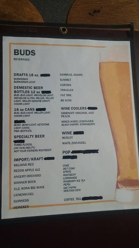 Menu at Bud's Pub, Bremen