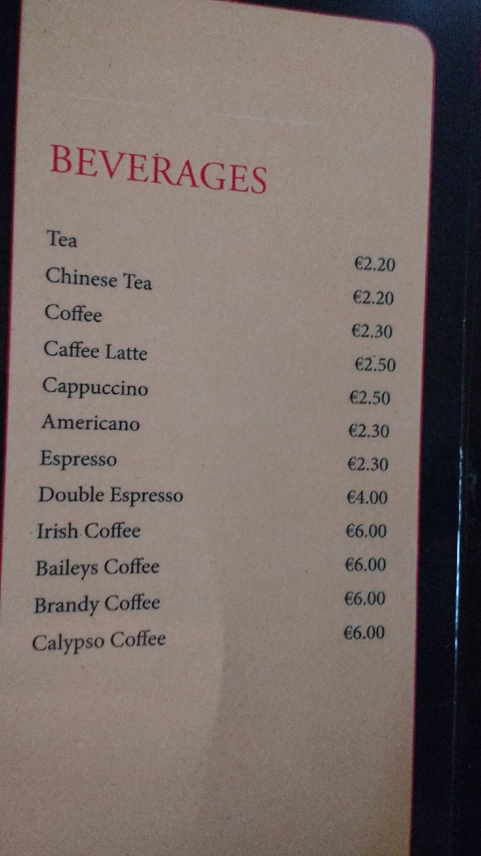Menu at Chai-Yo restaurant, Dublin