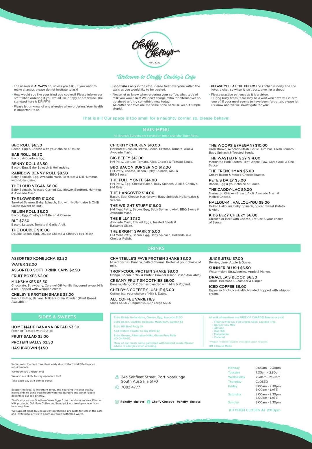 Menu at Cheffy Chelbys Morphett Vale cafe, Morphett Vale