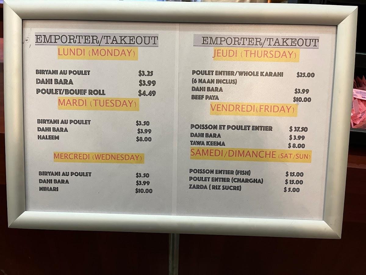 Menu at Dera Restaurant, Montréal, 790 Jarry St W