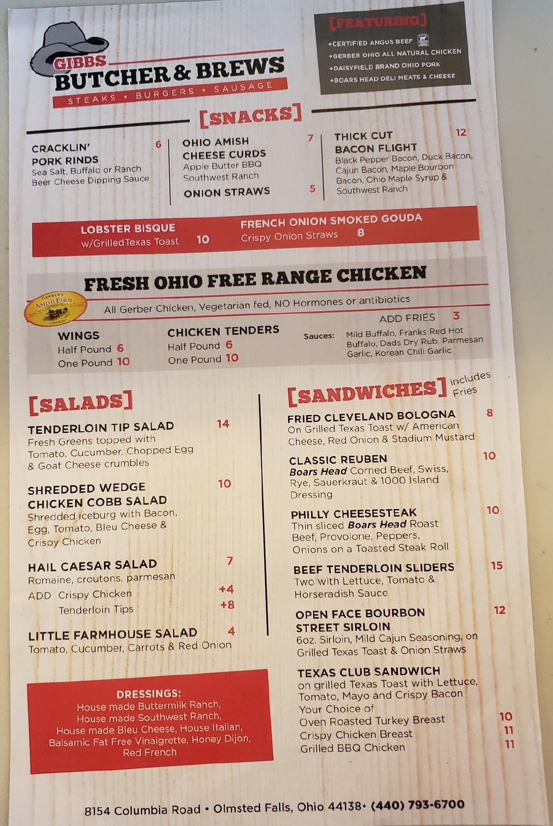 Menu at Gibbs Butcher and Brews restaurant, Olmsted Falls