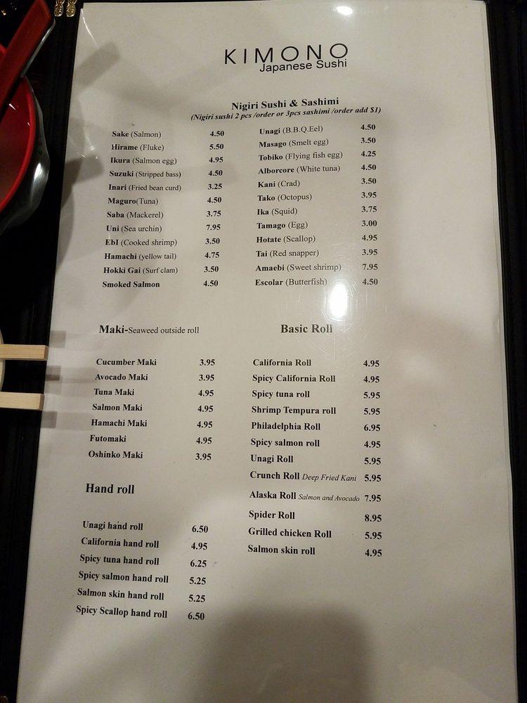 Menu at Kimono restaurant, Tracy