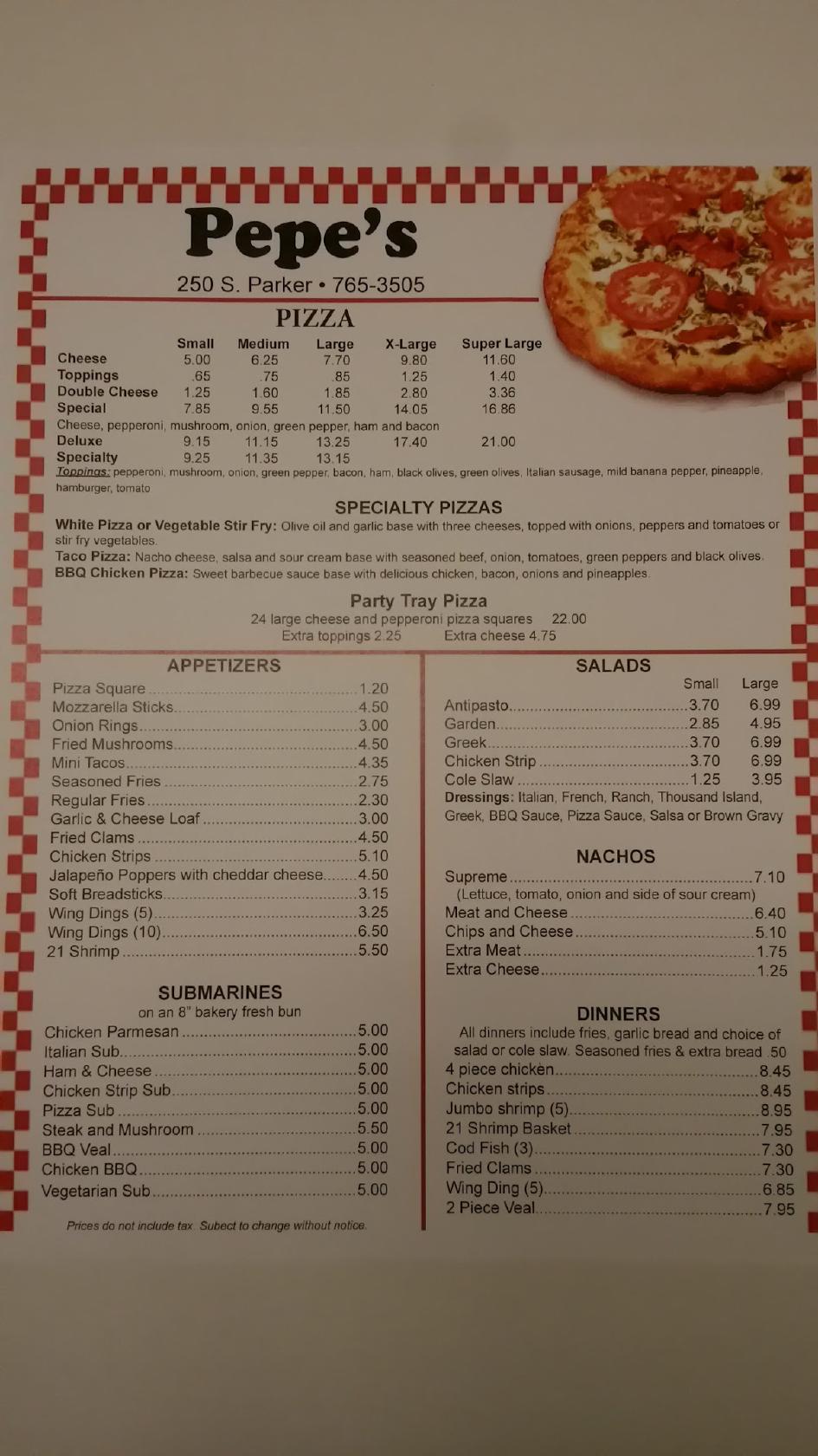 Menu at Pepe's Pizza pizzeria, Marine City