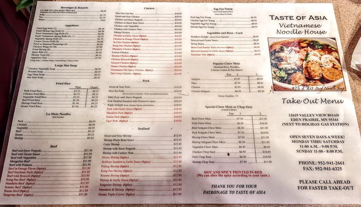 Menu at Taste of Asia restaurant, Eden Prairie