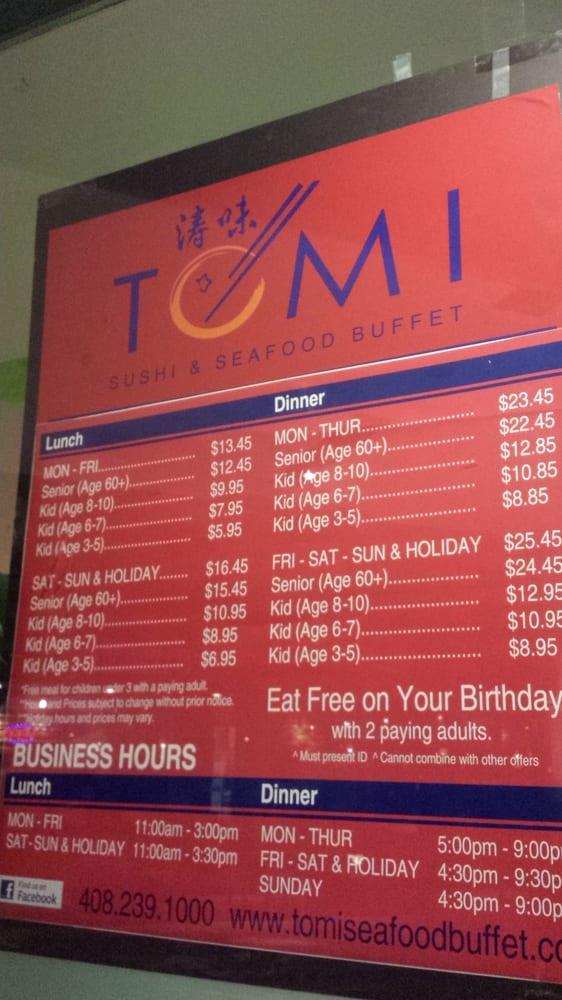 Menu at Tomi Sushi & Seafood Buffet restaurant, San Jose, Eastridge ...