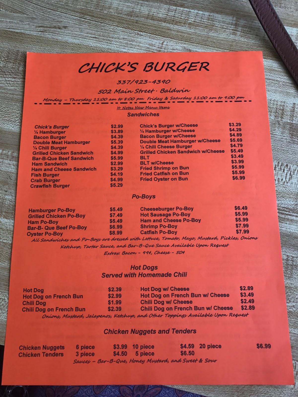 Menu at Chick's Burgers restaurant, Baldwin