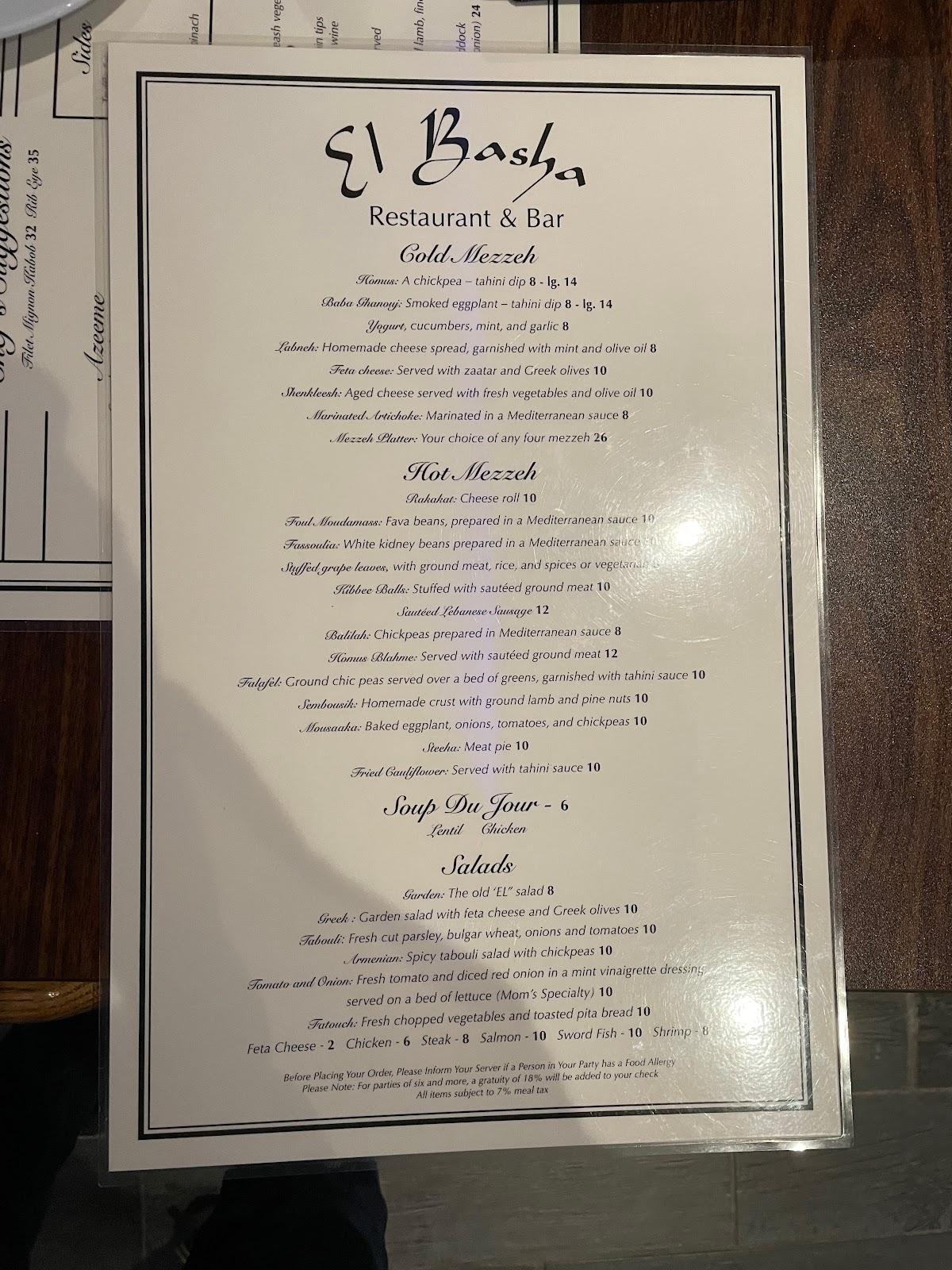 Menu at El Basha Restaurant & Bar, Worcester, 424 Belmont St
