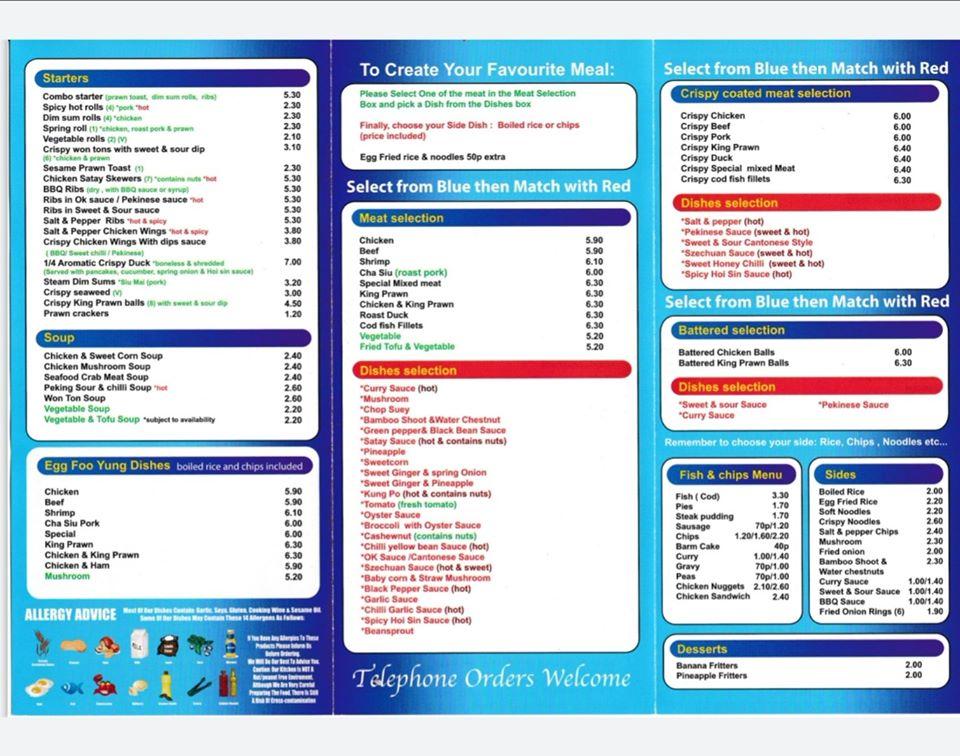 Menu at Mandarin Chinese fast food, Leigh