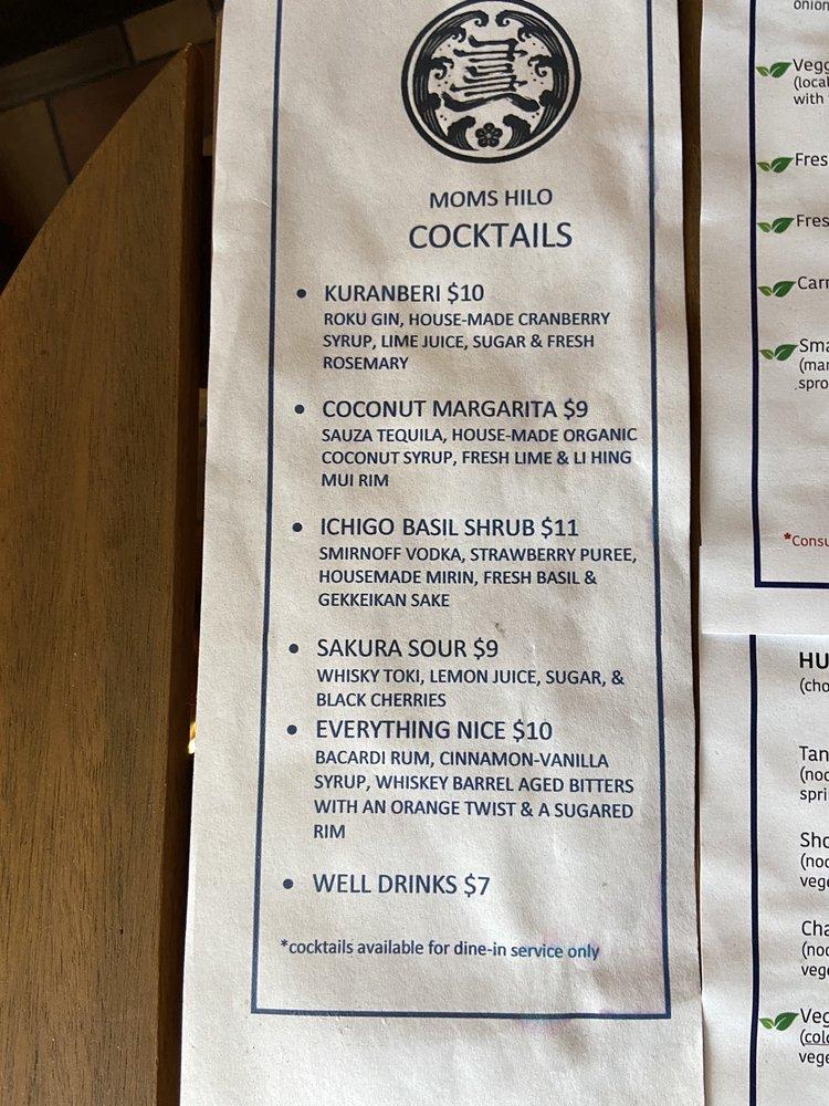 Menu at Moms Hilo restaurant, Hilo