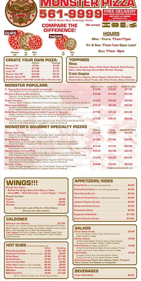 Menu at Monster Pizza pizzeria, Anchorage