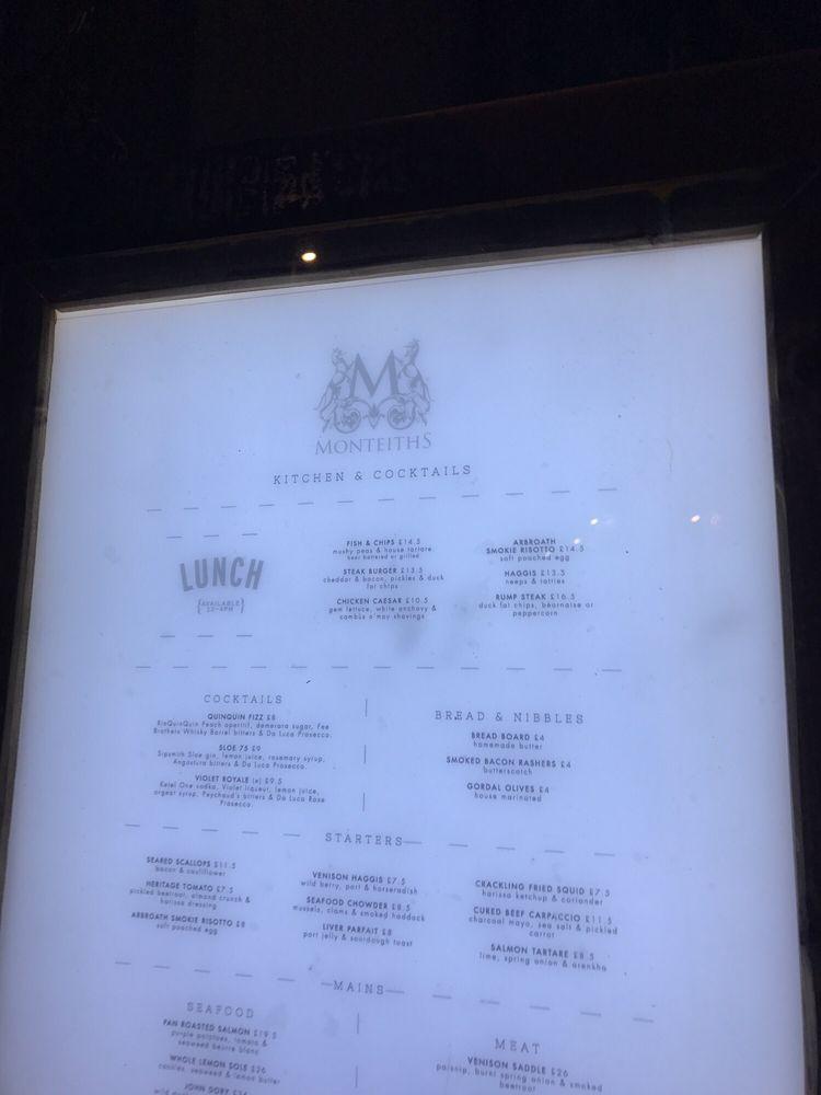 Menu at Monteiths pub & bar, Edinburgh