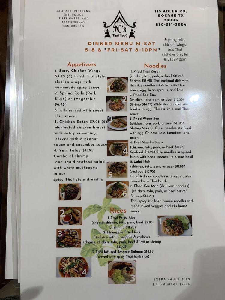 Menu at N's Thai Food restaurant, Boerne