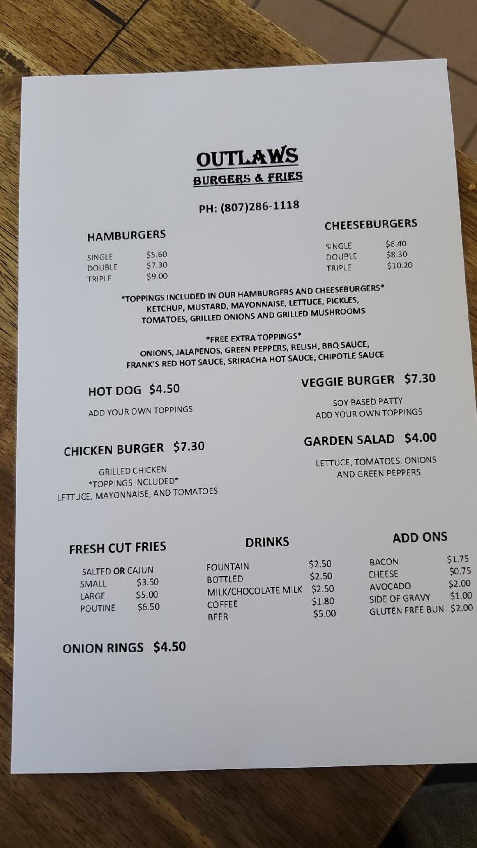 Menu at Outlaws Burgers and Fries restaurant, Thunder Bay