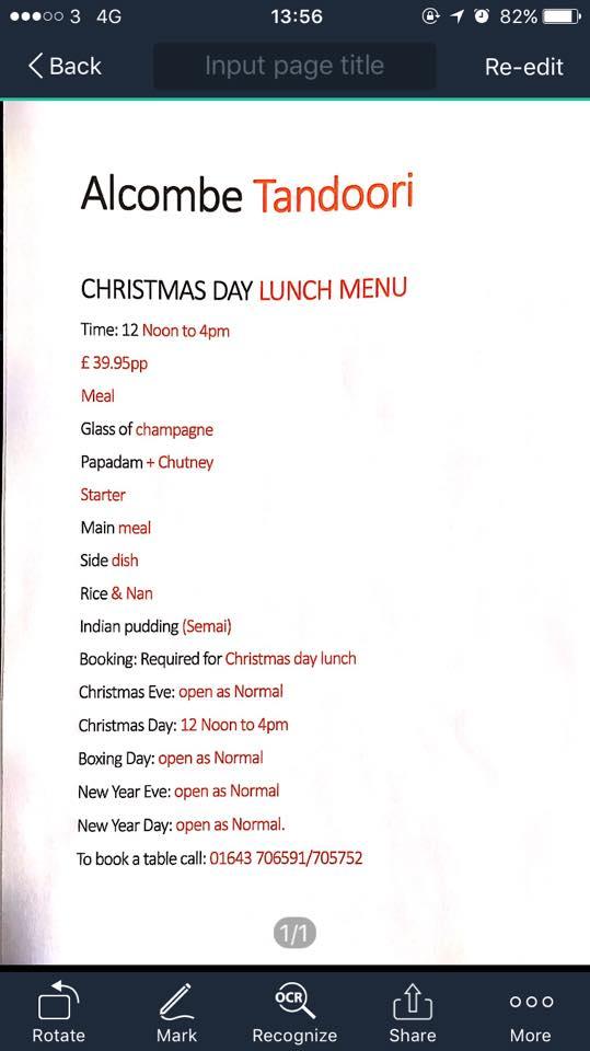 Menu at Alcombe Tandoori restaurant, Minehead