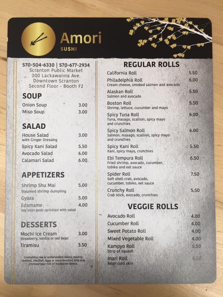 Menu at Amori Sushi restaurant, Scranton