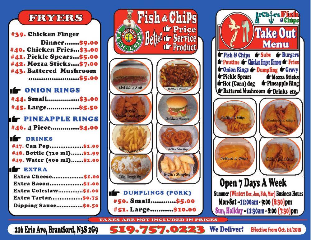 Menu at Archie's Fish and Chips restaurant, Brantford