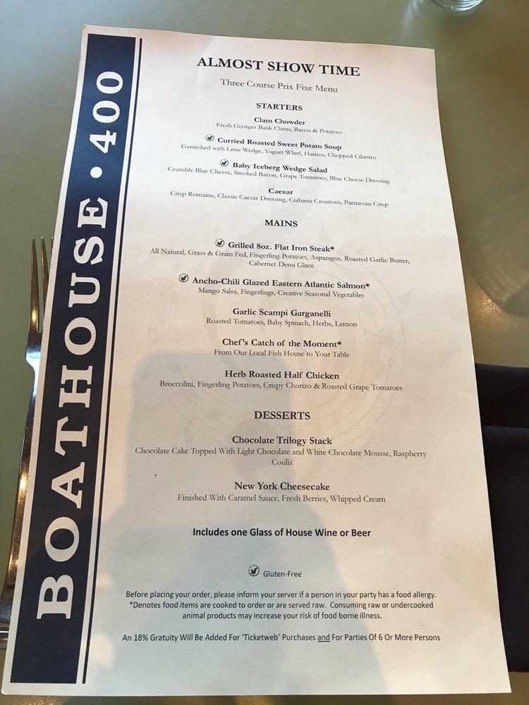 Menu at Boathouse 400 restaurant, Boston, 400 Soldiers Field Rd