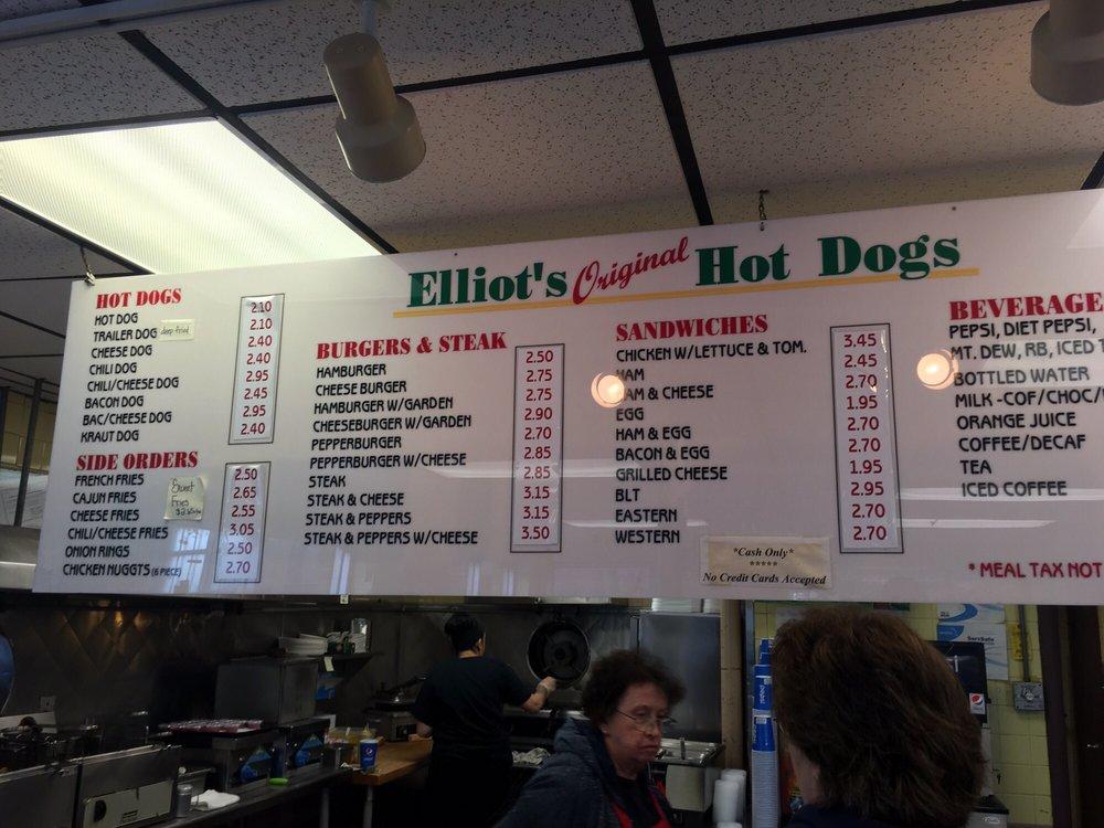 Menu at Elliot's Hot Dogs fast food, Lowell