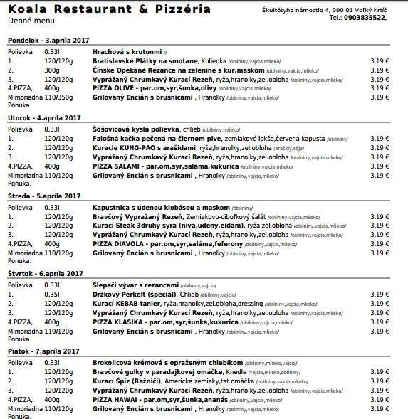 Menu at Reštaurácia Koala restaurant, Veľký Krtíš