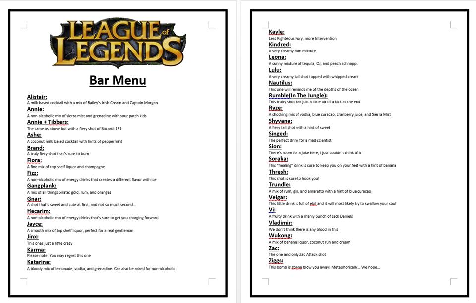 Menu at League of Legends Bar, South Milwaukee