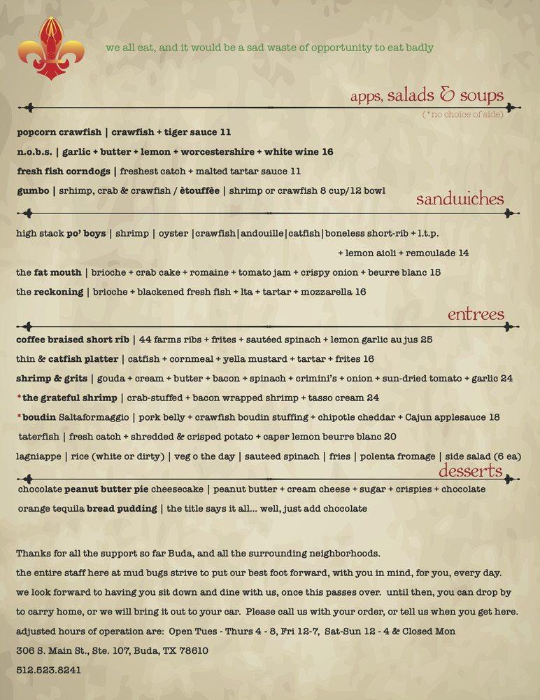 Menu at MudBugs - A Cajun Joint pub & bar, Buda