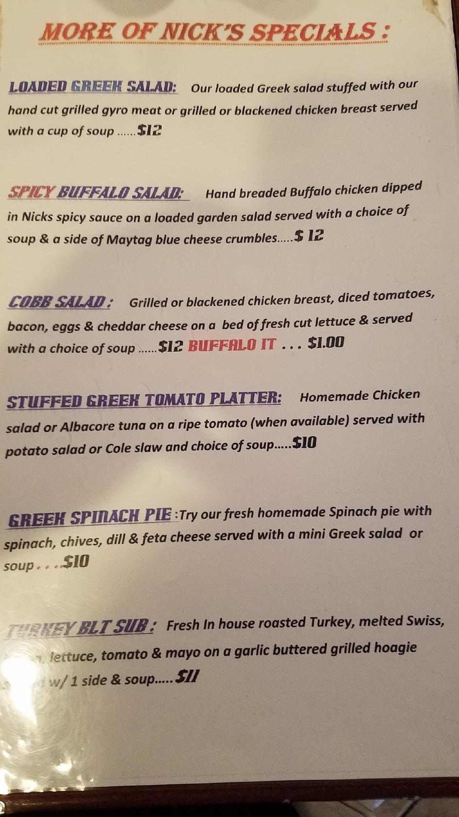 Menu at Nick's Family Diner restaurant, Orlando