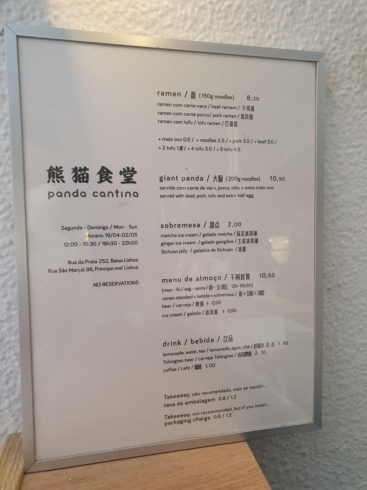 Menu em Panda Cantina restaurante, Lisboa, Rua da Prata 252