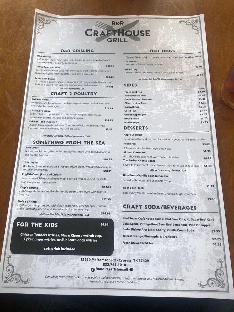 Menu at R&R Crafthouse Grill pub & bar, Cypress