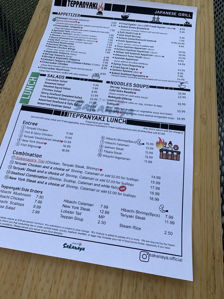 Menu at Sakanaya Japanese Restaurant, Fresno, N Fort Washington Rd #116