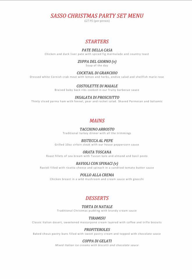 Menu at Sasso restaurant, Disley